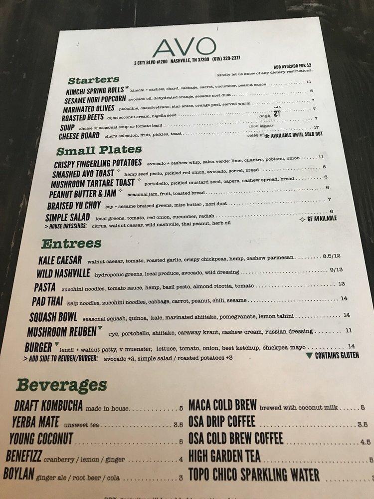 Menu at AVO pub & bar, Nashville, 4 City Ave #104