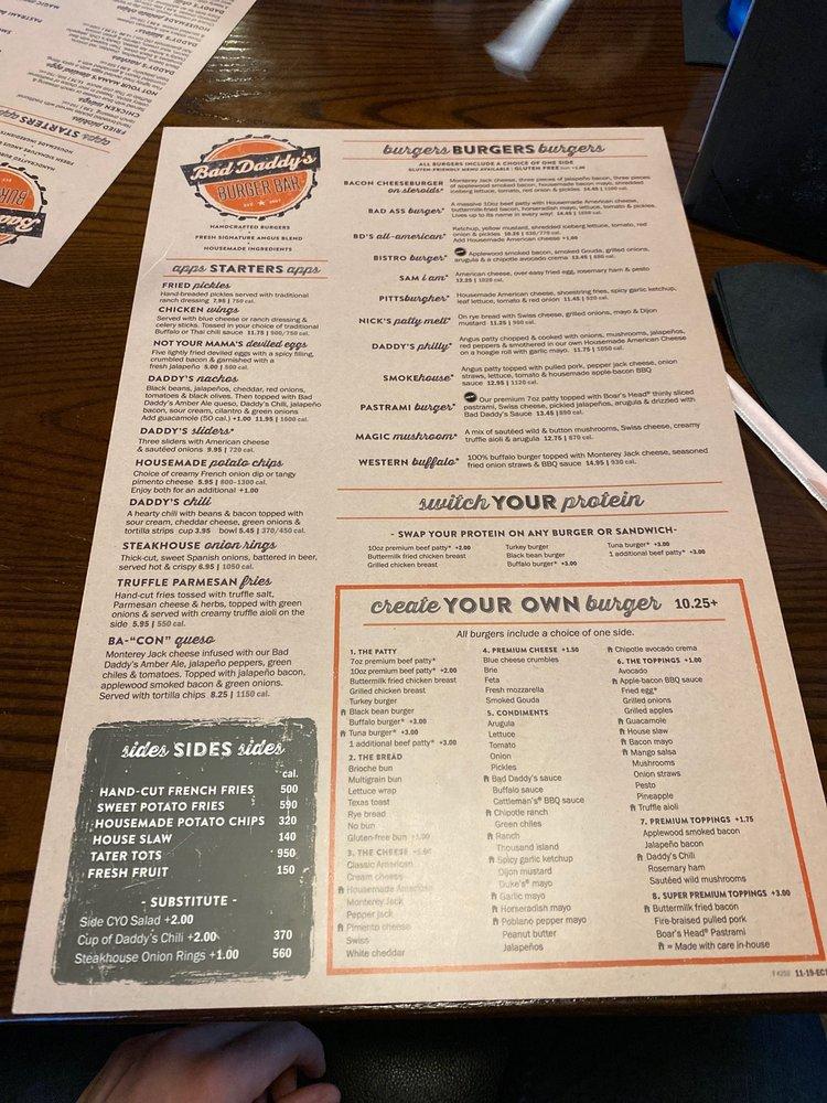Menu at Bad Daddy's Burger Bar, Huntsville