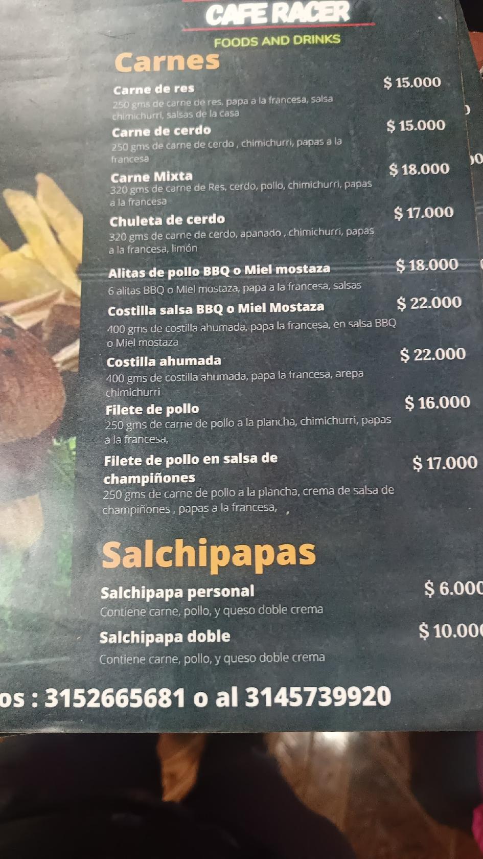 Menu at CAFE RACER MR, Pasto