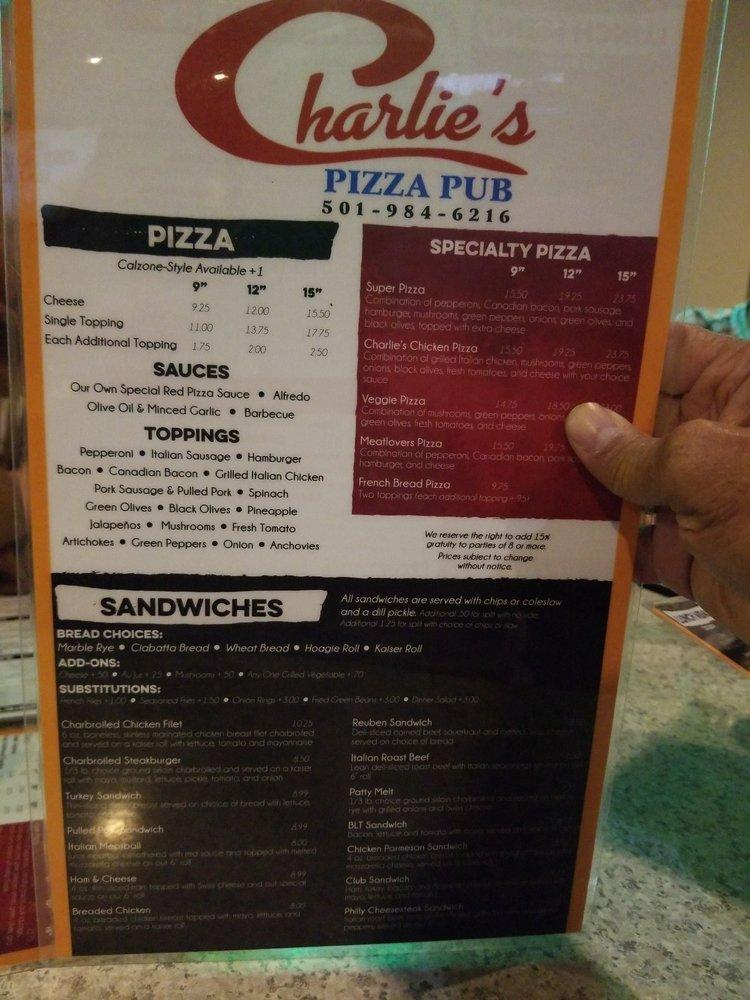 Menu at Charlie's Pizza Pub, Hot Springs Village, 127 McNeely Cir A