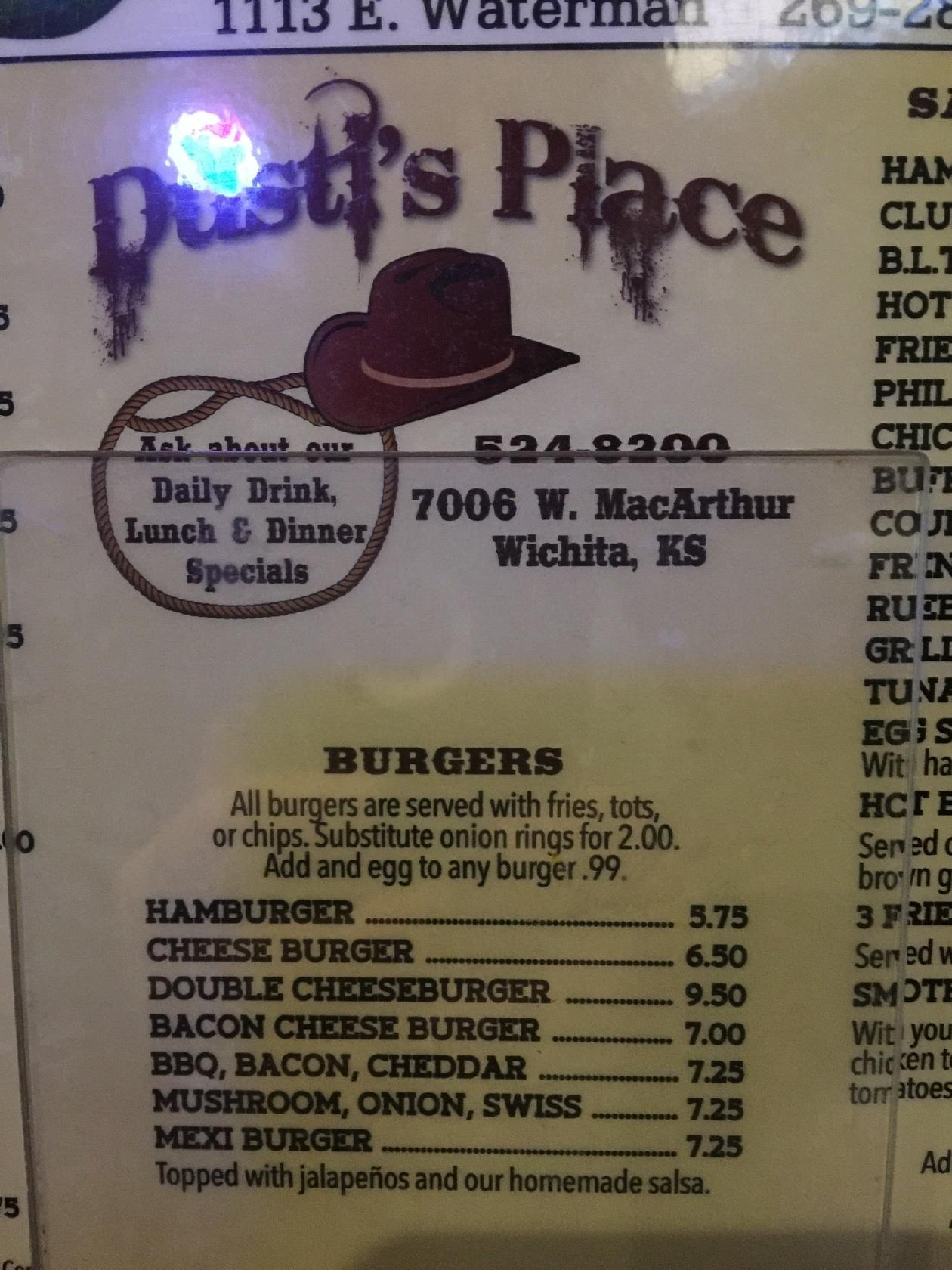 Menu at Dusti's Place pub & bar, Wichita