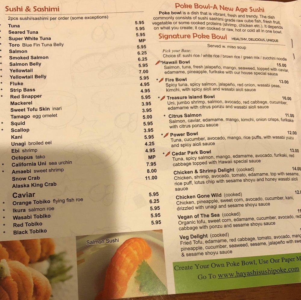 Menu at Hayashi Sushi & Poke restaurant, Philadelphia