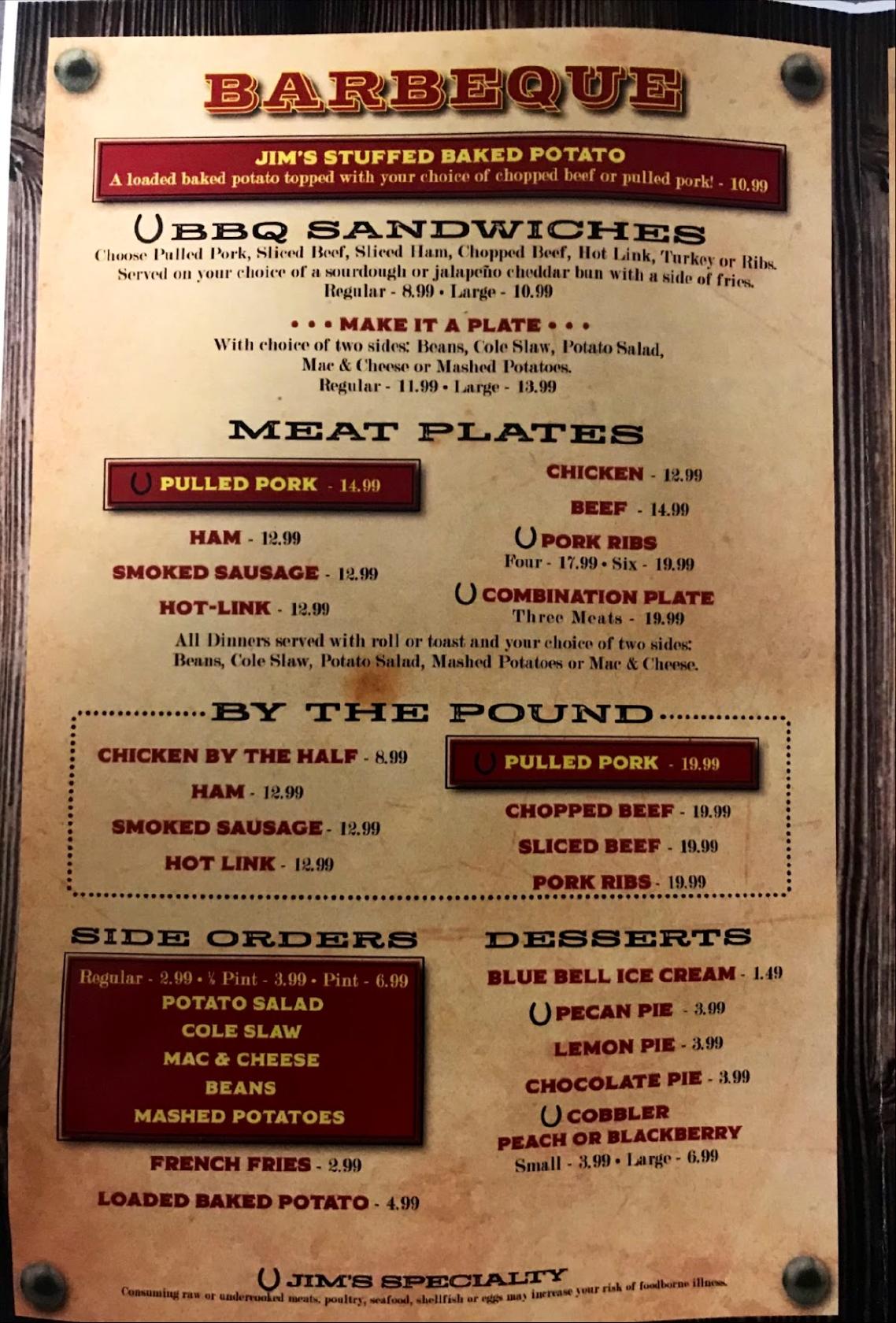 Menu at Jim's BBQ, Waskom