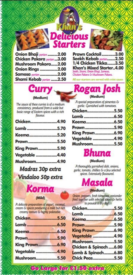 Menu at Khans Balti House fast food, Harrogate