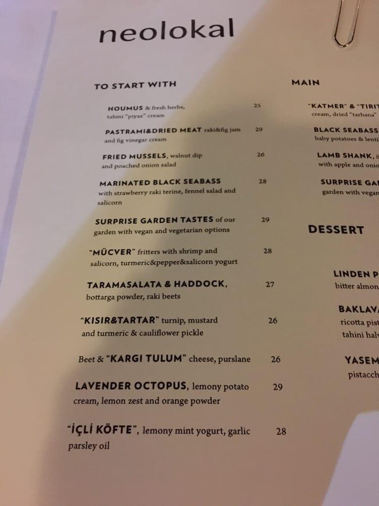Menu at Neolokal, Istanbul, Bankalar Cd. No:11