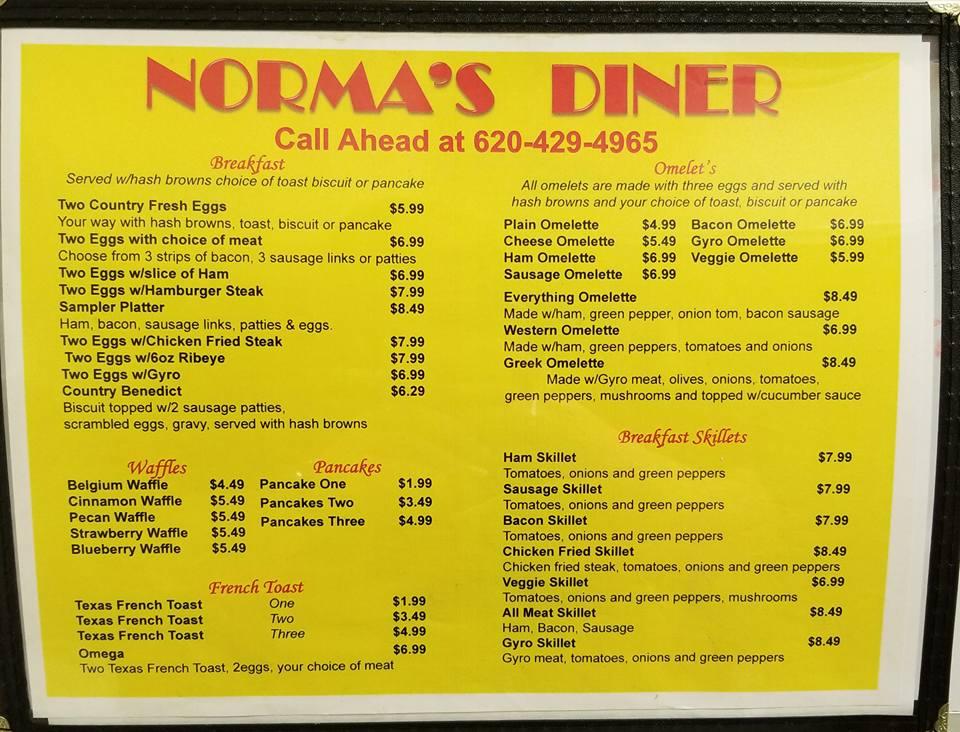 Menu at Norma's Diner restaurant, Columbus, 126 S Kansas Ave