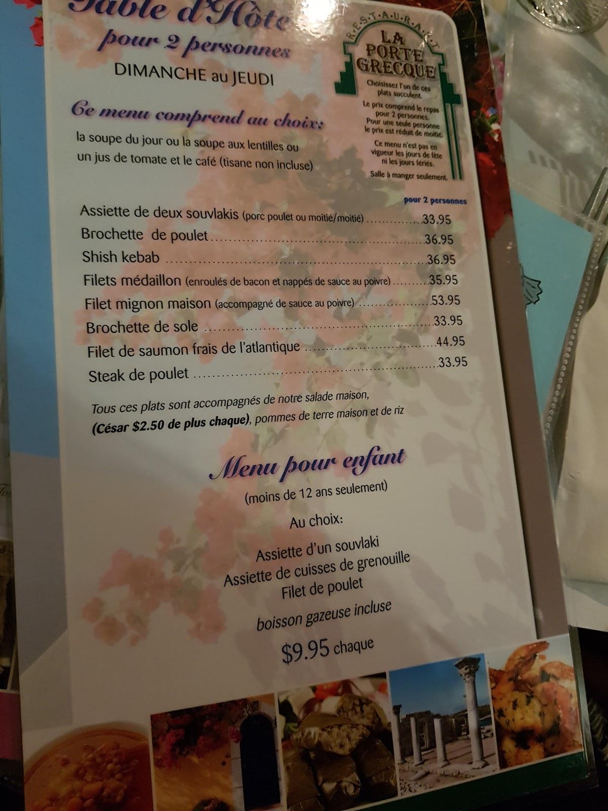 Menu au Restaurant La Porte Grecque, Canada