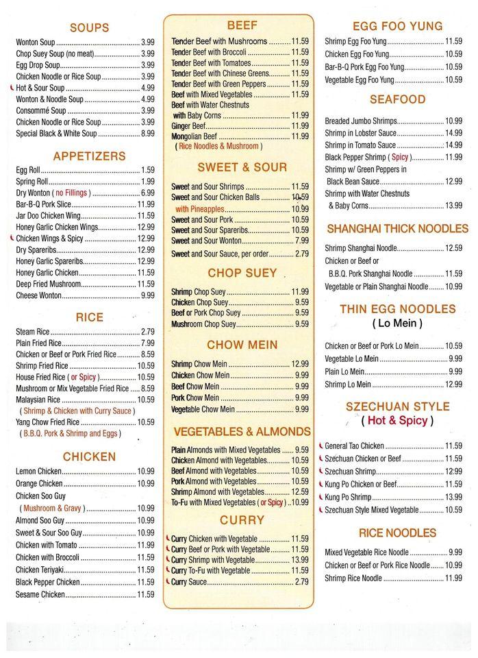 Menu at Black & White Chinese Restaurant, Fergus