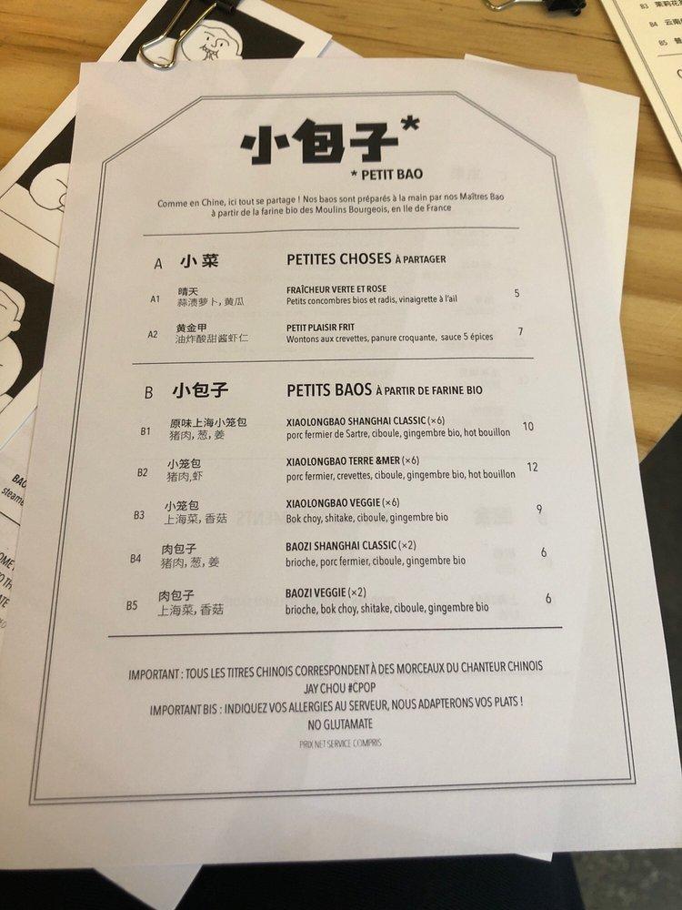 Menu at Petit Bao restaurant, Paris