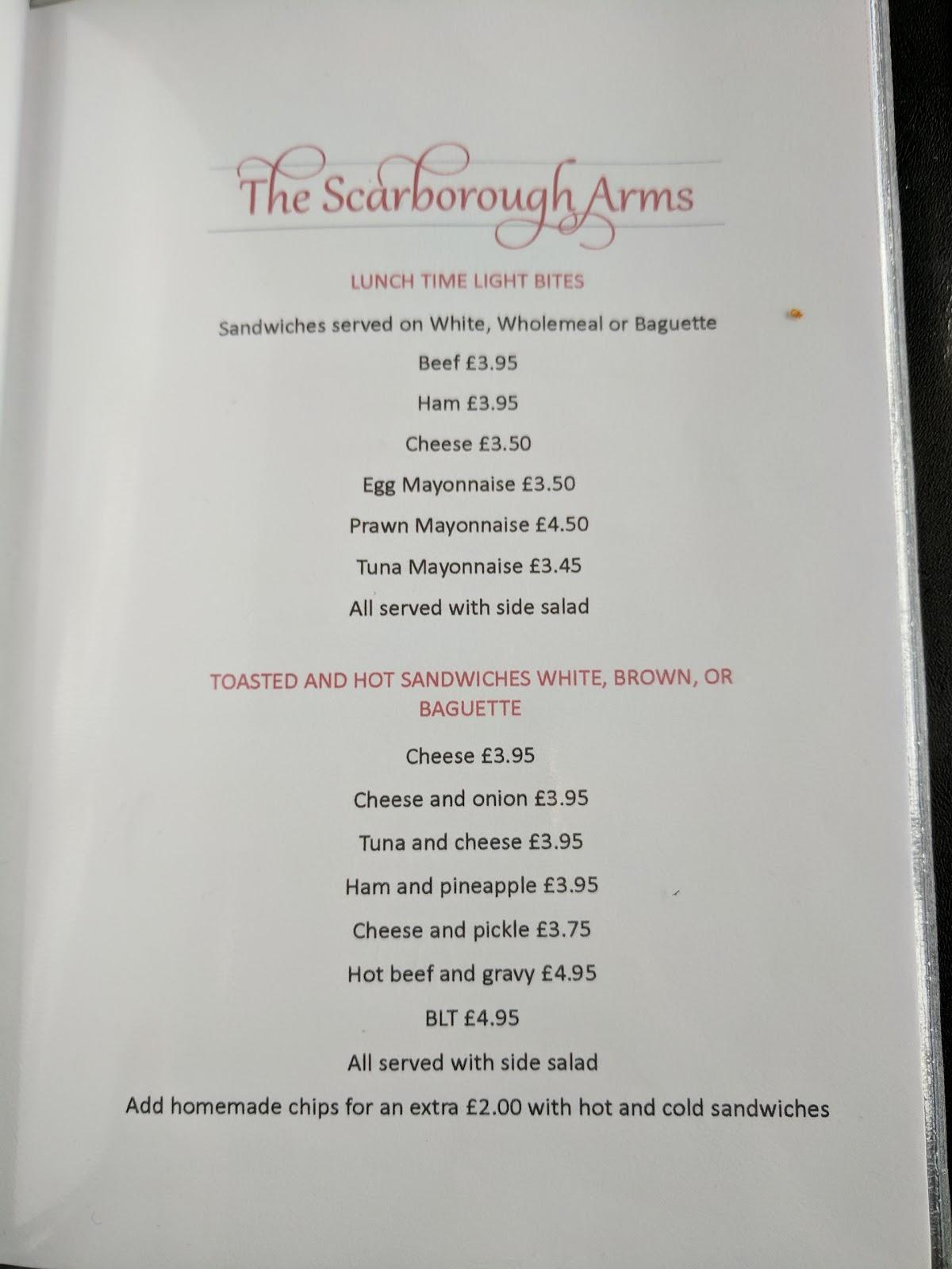 Menu at Scarborough Arms pub & bar, Scarborough
