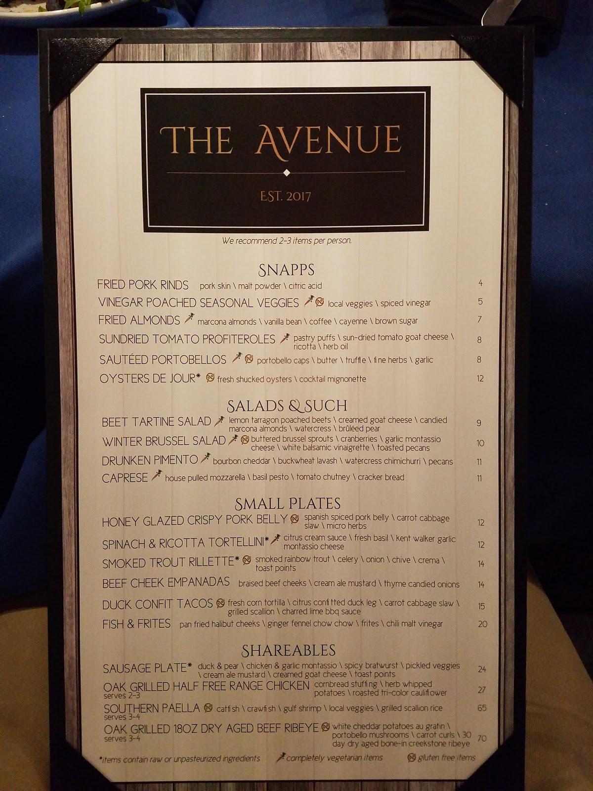 Menu at The Avenue Restaurant At The Waters Hotel, Hot Springs