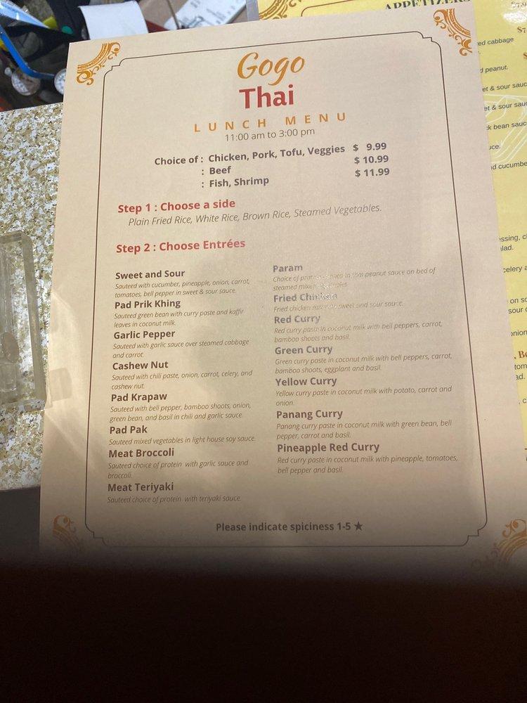 Menu at Gogo Thai restaurant, Atascadero, El Camino Real