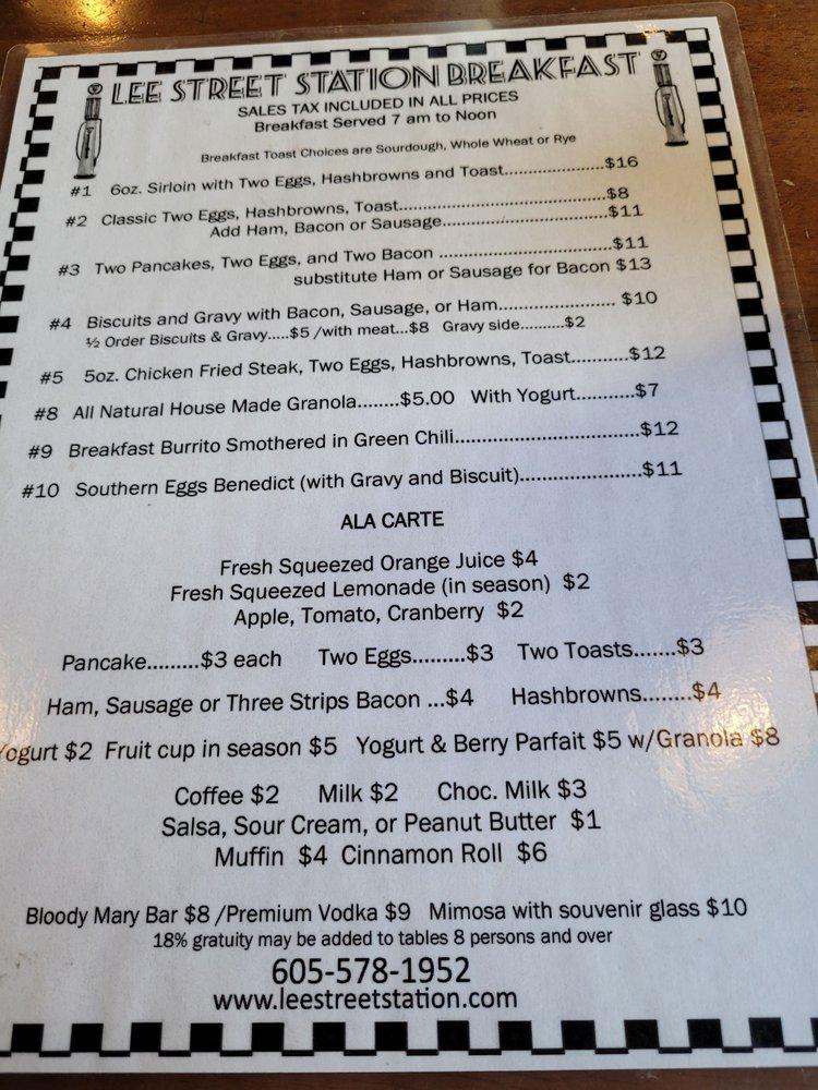 Menu at Lee Street Station Cafe, Deadwood