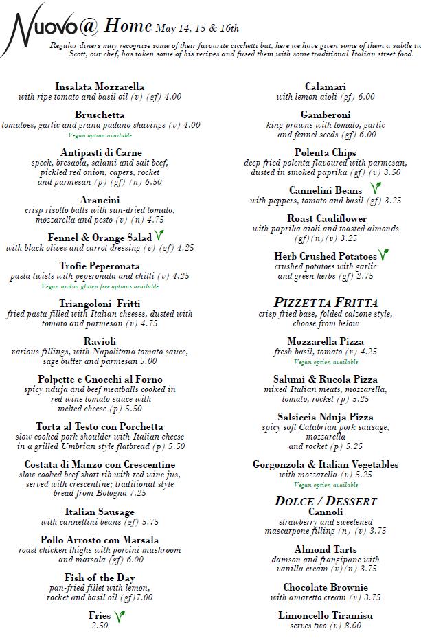 Menu at Nuovo Restaurant, Northampton