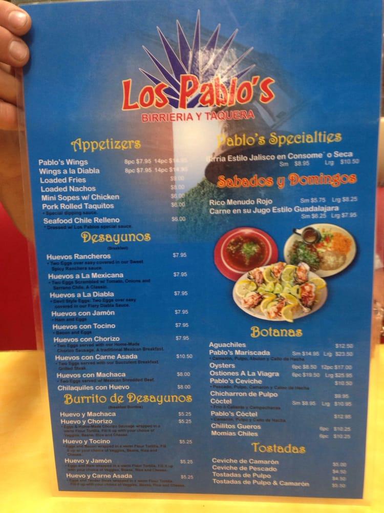 Menu at Pablos Tacos & Beer restaurant, Indio