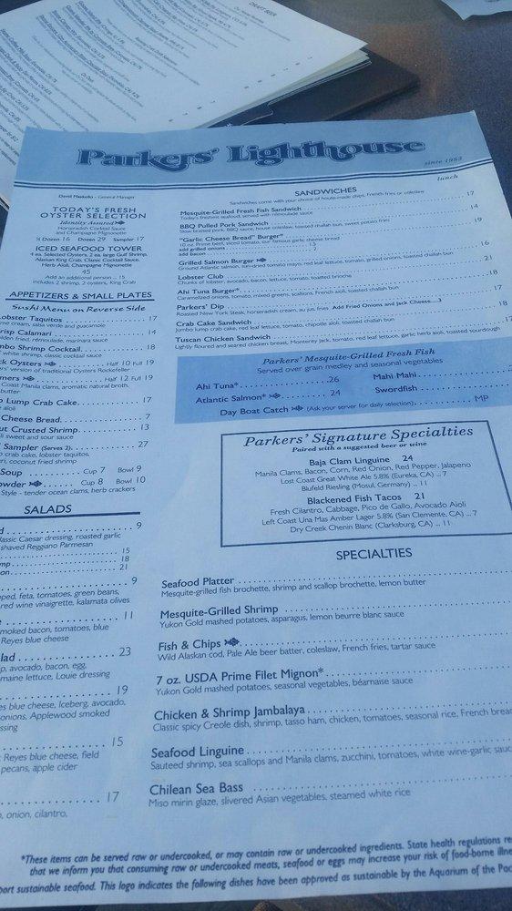 Menu at Parkers' Lighthouse pub & bar, Long Beach