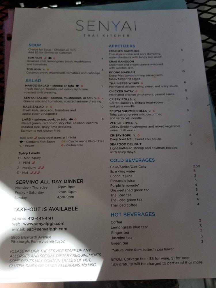 Menu at Senyai Thai Kitchen restaurant, Pittsburgh