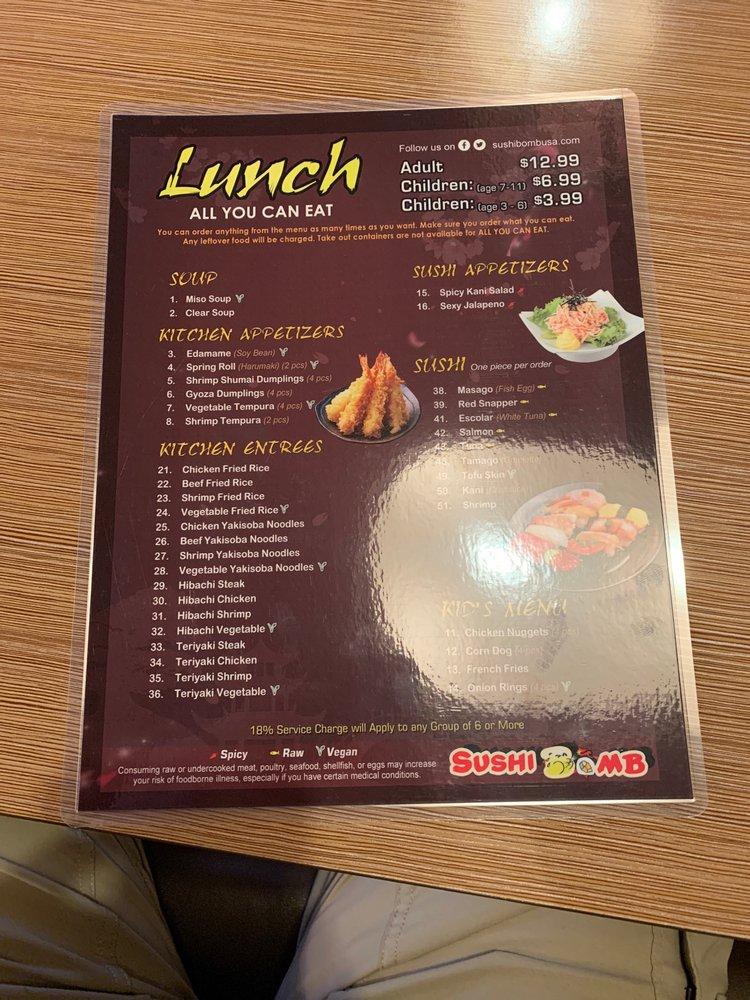 Menu at Sushi Bomb restaurant, Pittsburgh