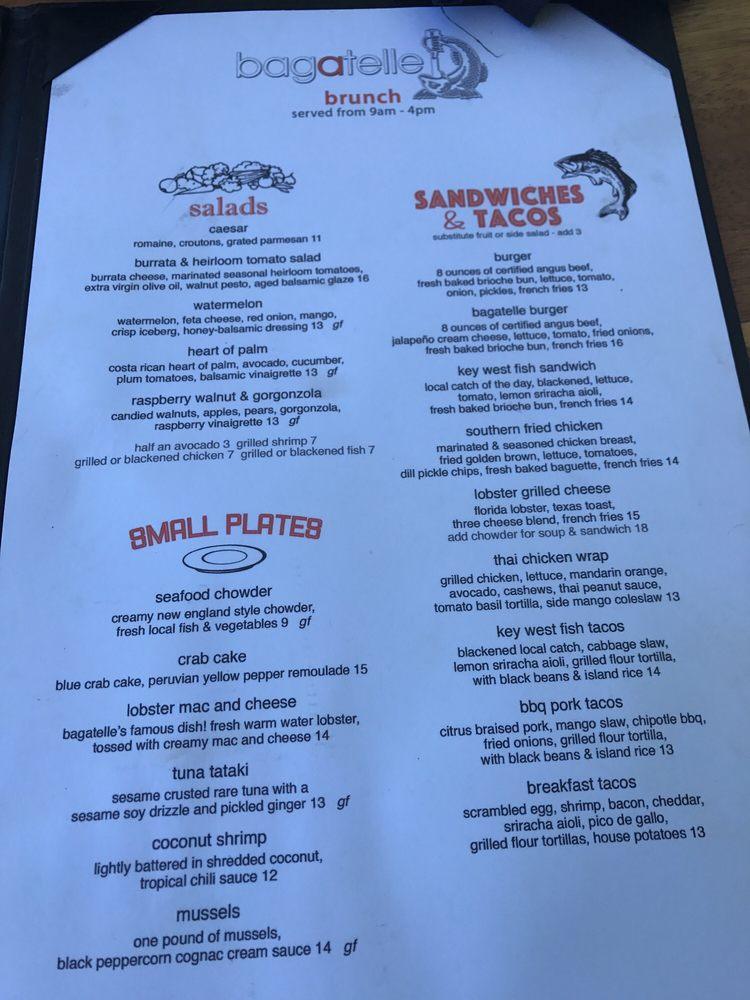 Menu at Bagatelle restaurant, Key West