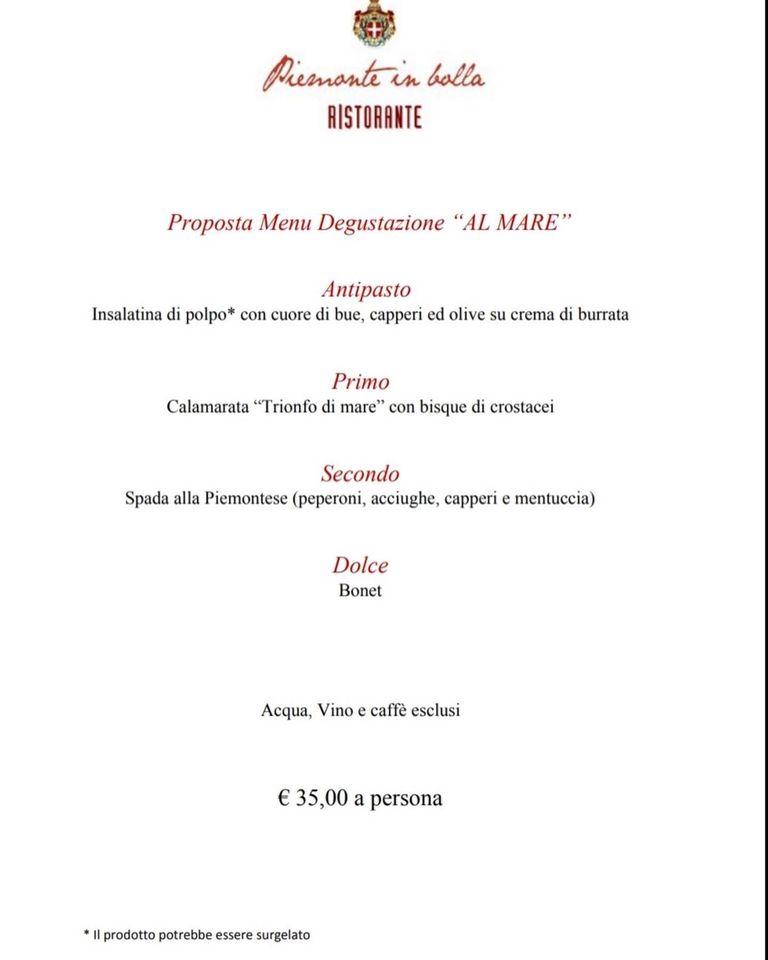 Menu at Ristorante Piemonte in Bolla, Turin, Via Claudio Luigi Berthollet