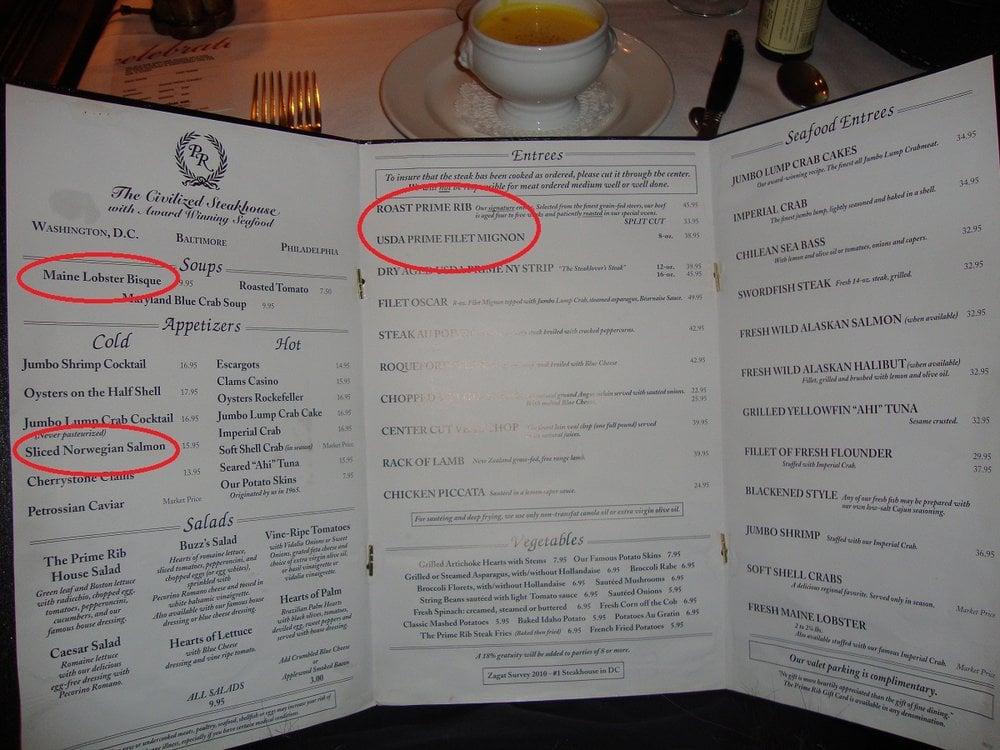 Menu at The Prime Rib pub & bar, Washington