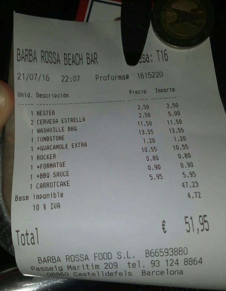 Carta de Barba-Rossa Beach Bar Castelldefels, Casteldefels