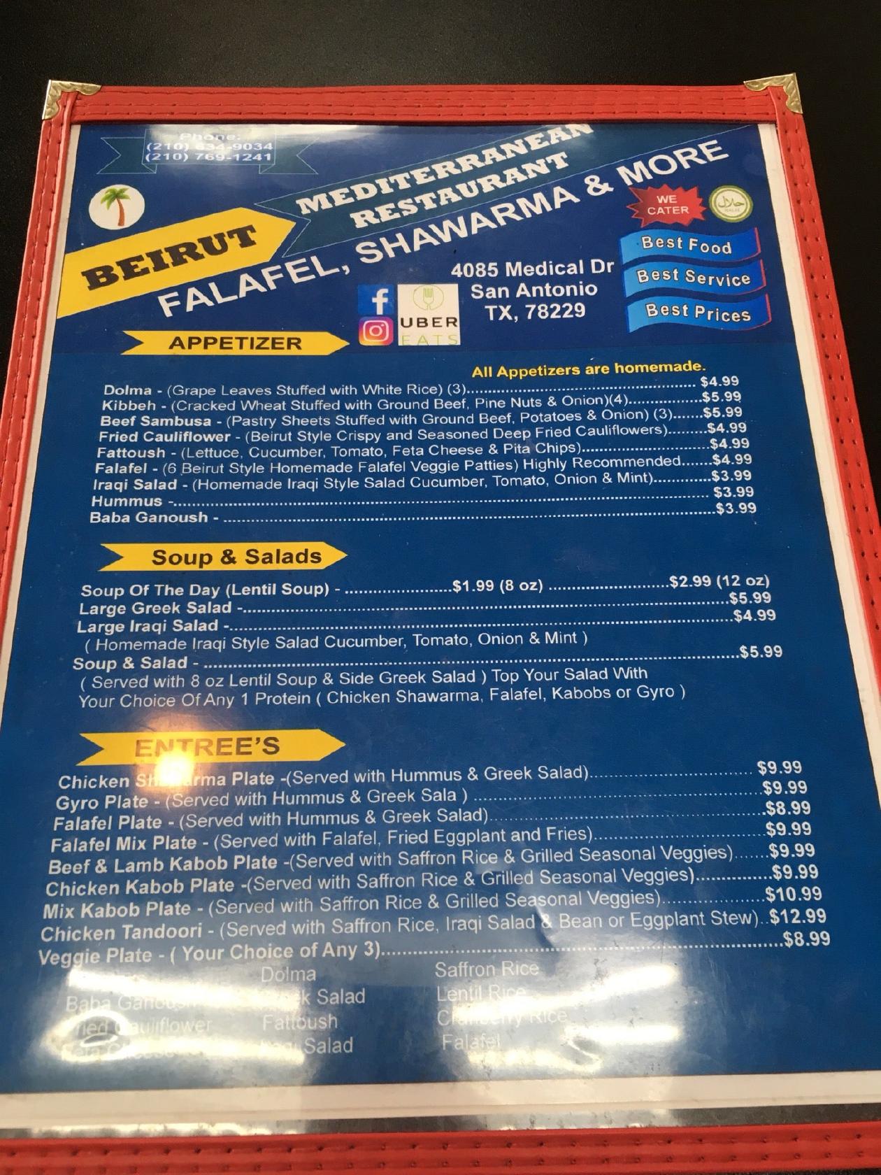 Menu at Beirut Mediterranean Restaurant, San Antonio