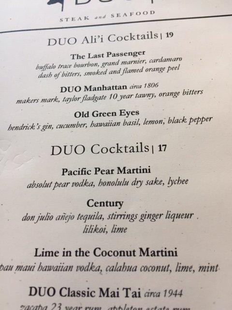 Menu at DUO Steak & Seafood steakhouse, Wailea-Makena