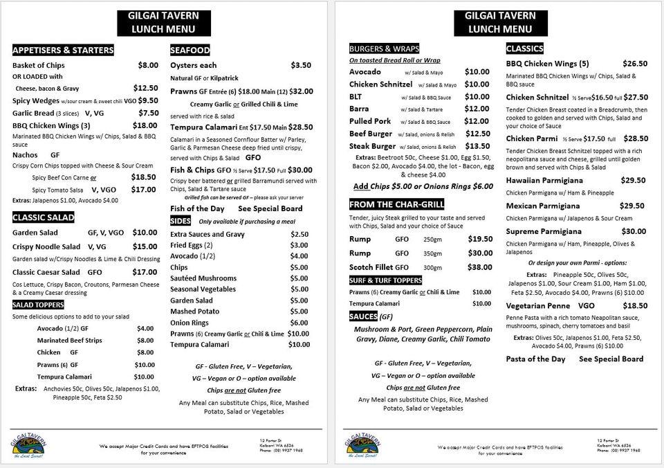 Menu at Gilgai Tavern pub & bar, Kalbarri