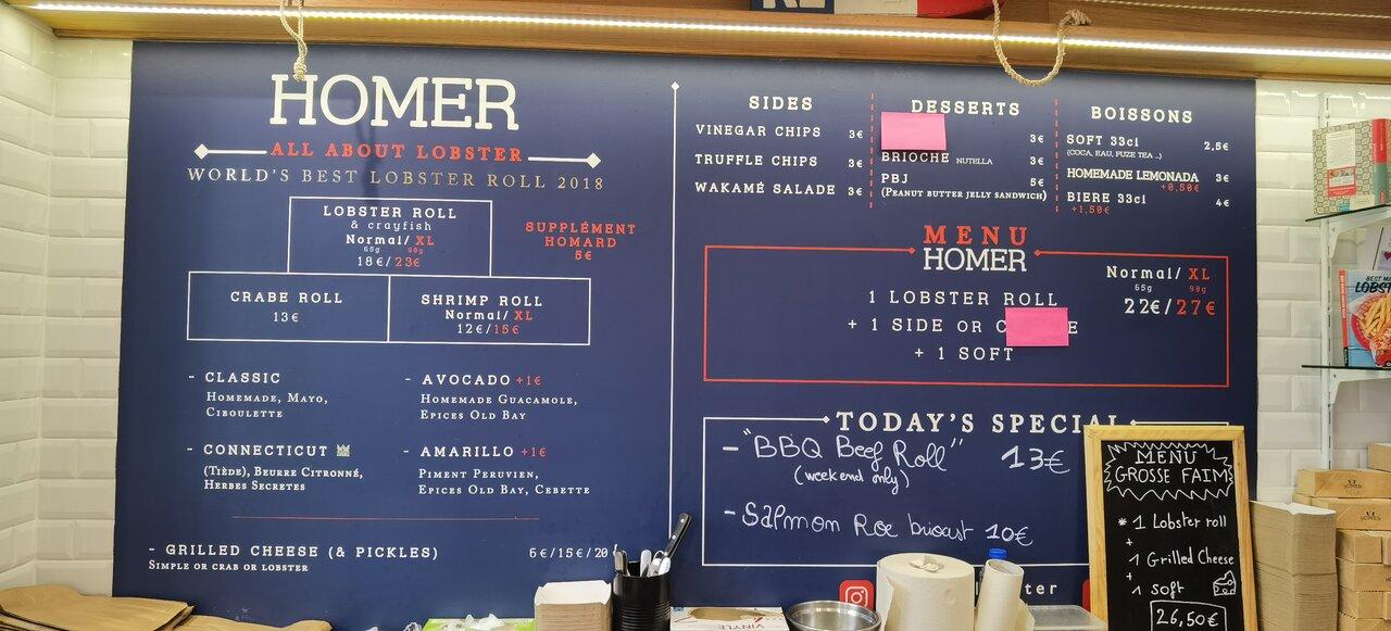 Menu at Homer Lobster - Marais fast food, Paris