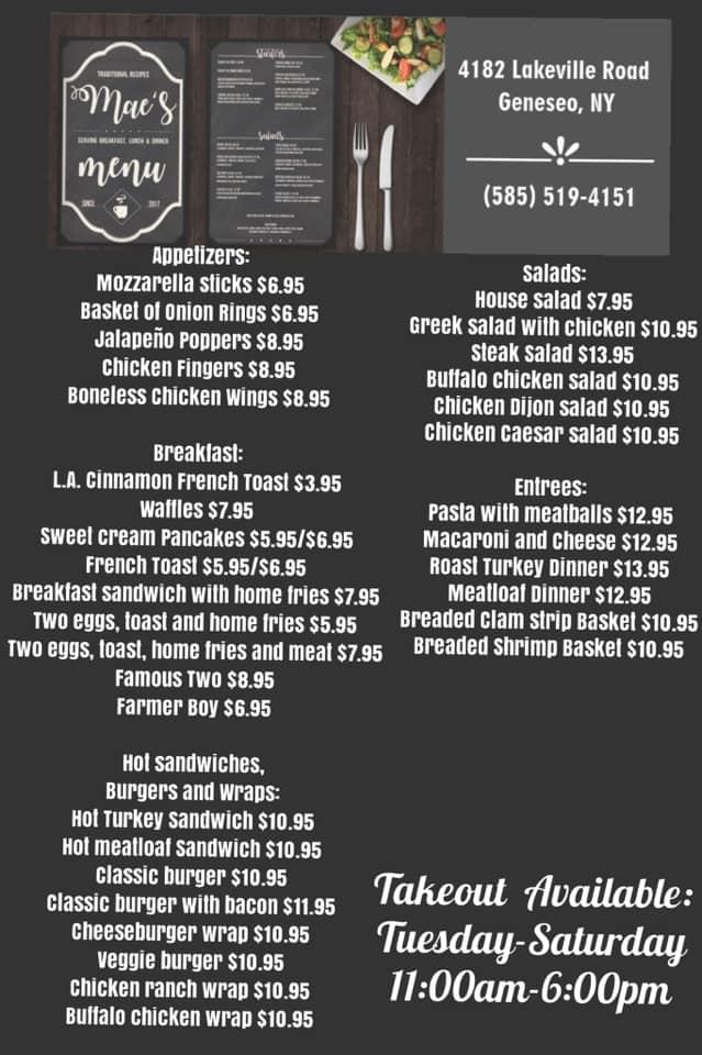 Menu at Mae's restaurant, Geneseo