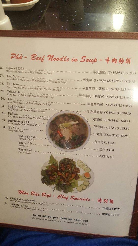 Menu at Pho Song Huong Vietnamese Restaurant, Edmonton