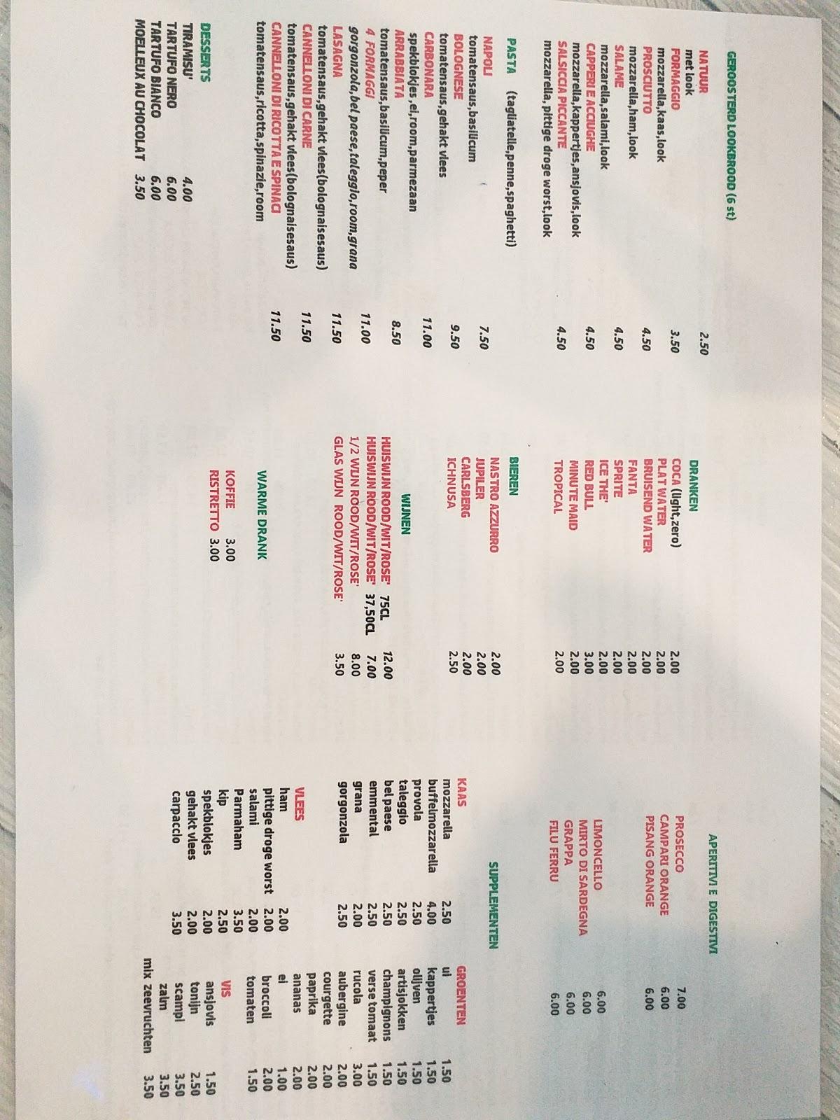 Menu at Pizzeria Sardinia, Eeklo