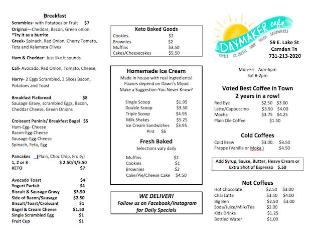 Menu at The DayMaker Cafe, Camden