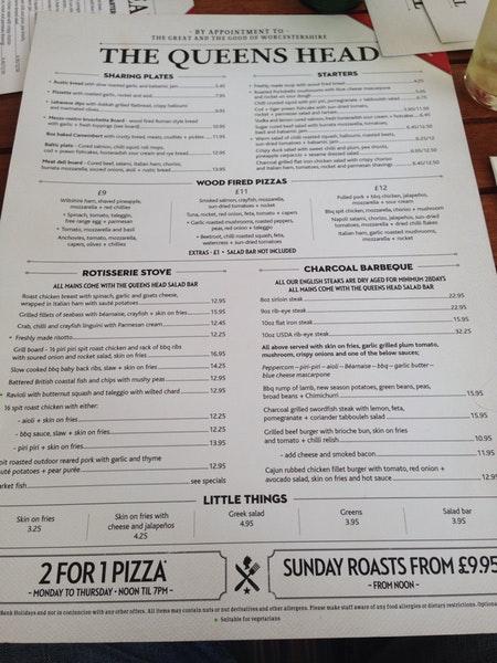 Menu at The Queens Head pub & bar, Bromsgrove