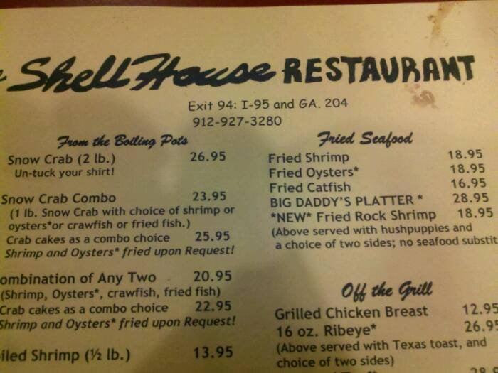 Menu at The ShellHouse Seafood Restaurant, Savannah