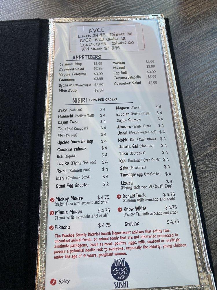 Menu at Umi Sushi restaurant, Reno