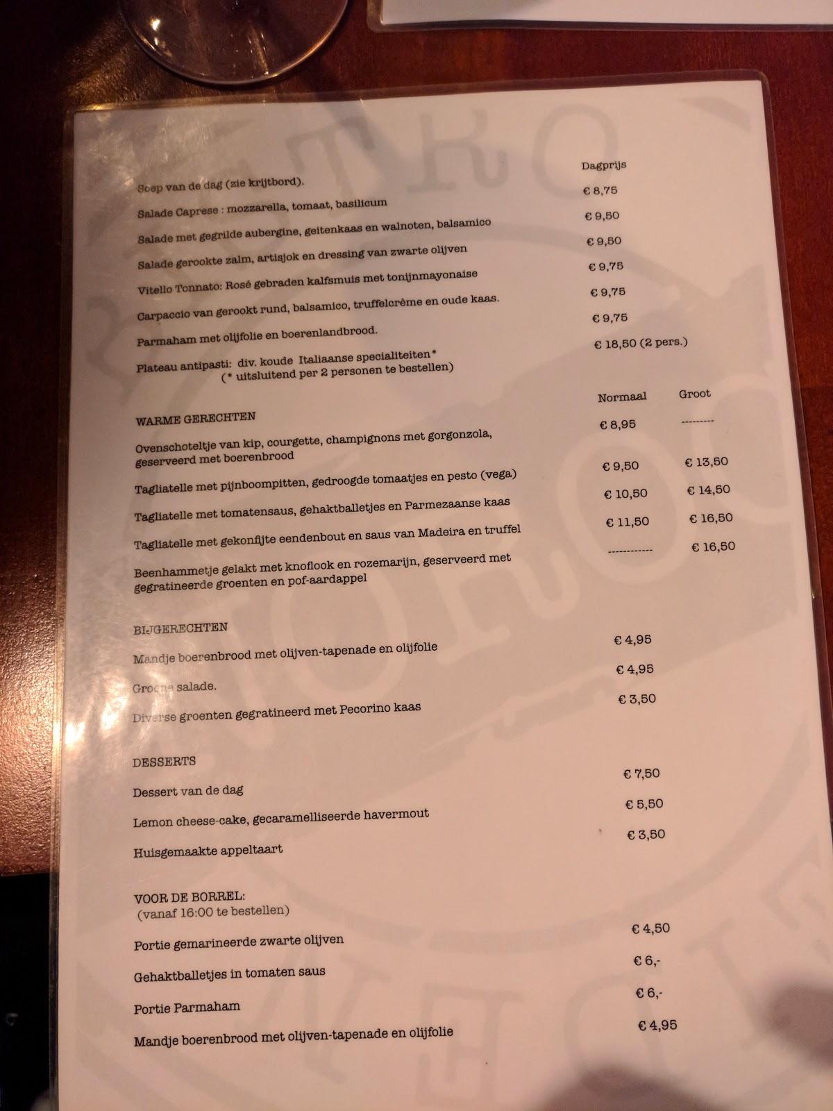 Menu at Bistro Noroc, Leiden