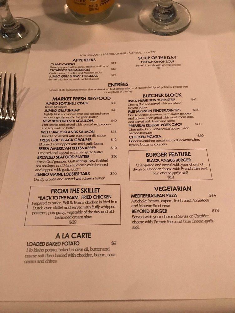 Menu at Bob Heilman's Beachcomber restaurant, Clearwater