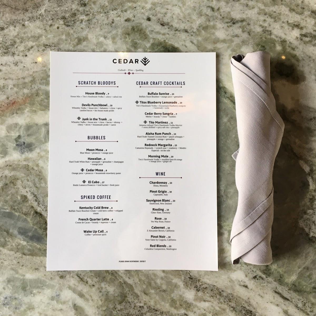 Menu at Cedar pub & bar, Covington