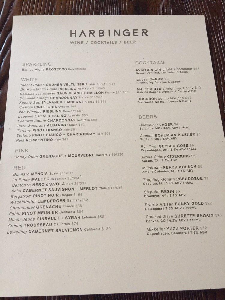 Menu at Harbinger restaurant, Des Moines