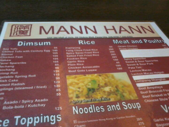 Menu at Mann Hann restaurant, Pasay, mm-1158&1159B