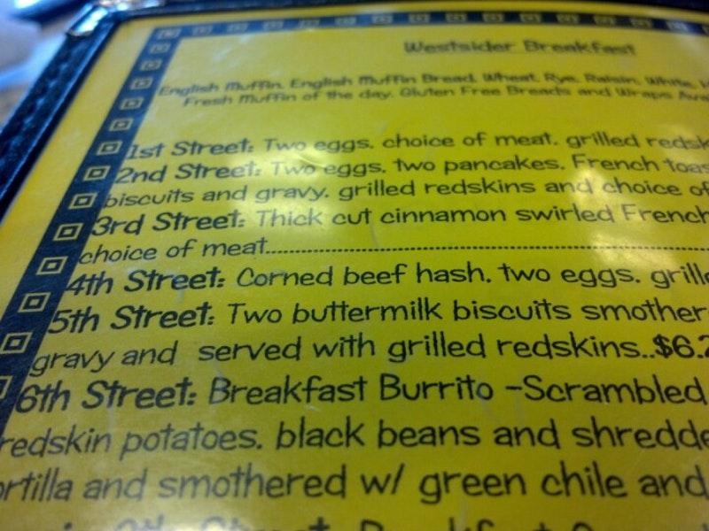 Menu at Westsider Cafe, Grand Rapids