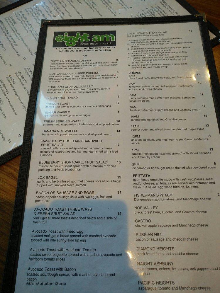 Menu at Eight AM Brunch restaurant, San Francisco
