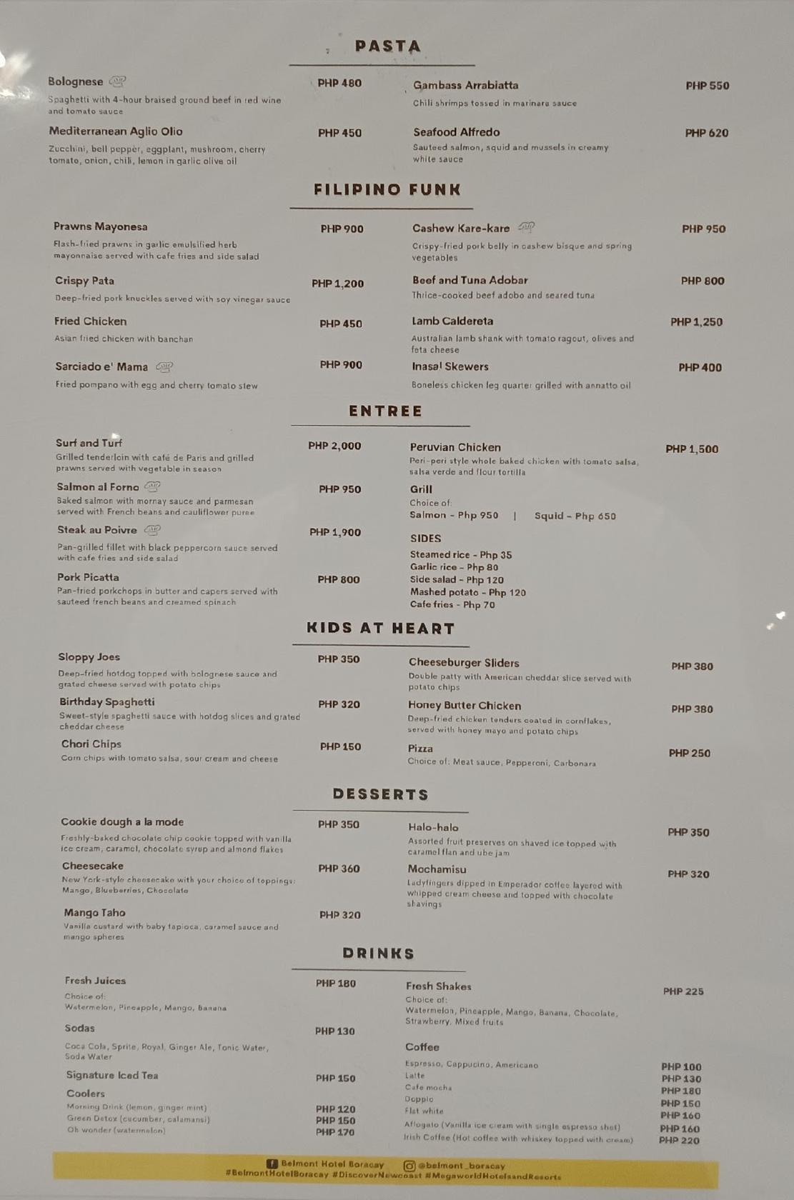 Menu at Belmont Cafe - Boracay, Malay