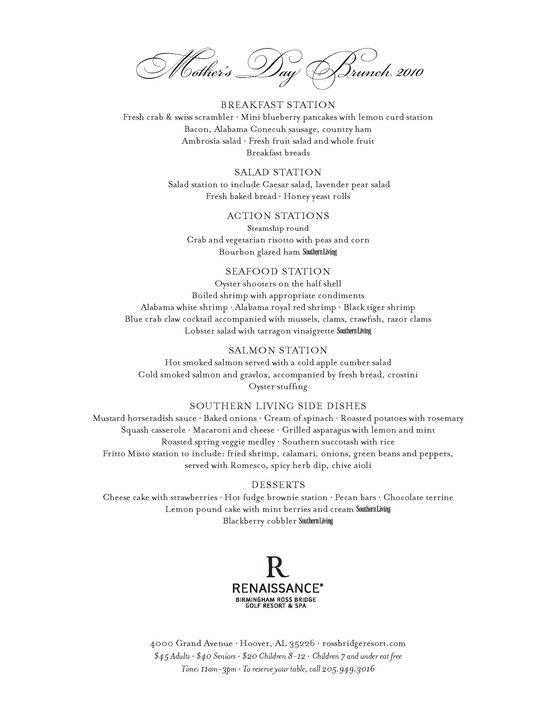 Menu at Brock's restaurant, Hoover