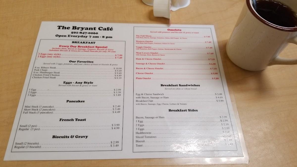 Menu at Bryant Cafe, Bryant