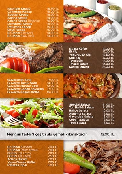 Menu at Bursa Kebapçısı, Samsun