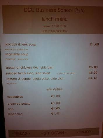 Carta de DCU Business School Cafe, Dublin