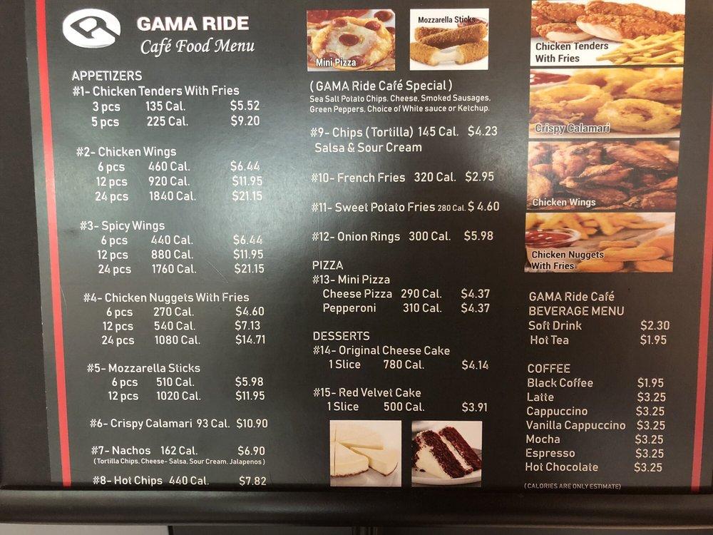 Menu at Gama Ride cafe, San Bruno